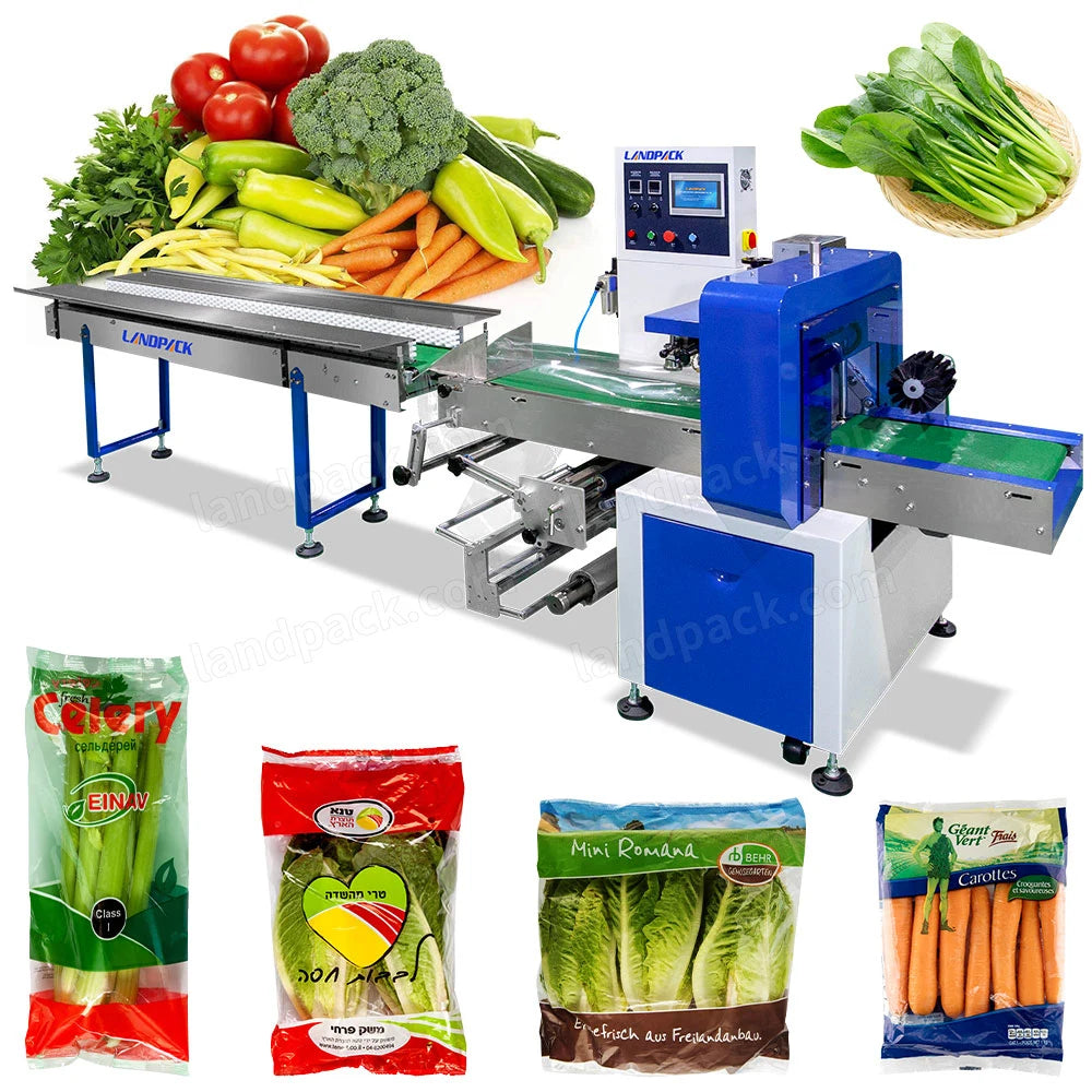 Automatic Horizontal Vegetable Flow Pack Machine with Hole‑Punching – Landpack Packing Filling ...
